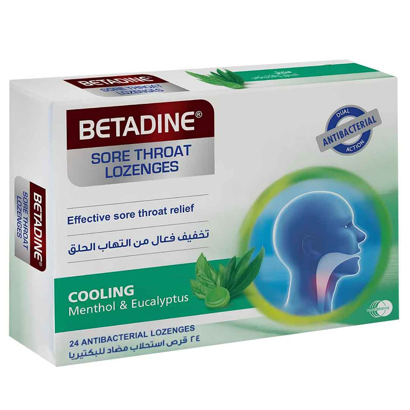 Betadine Sore Throat Lozenges Cooling Menthol & Eucalyptus -24 Capsules ...